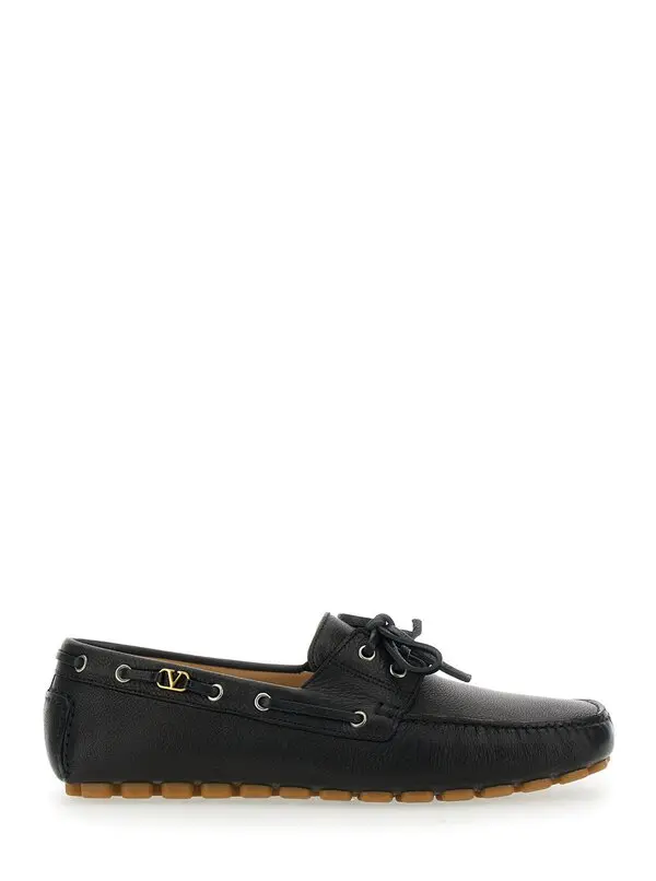 Valentino Garavani Leather Loafers With Vlogo Plaque And Decorative Laces - Black