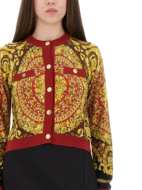 Versace Baroque Silk Knit Cropped Cardigan - Red