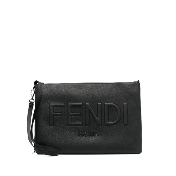 Fendi Calf Leather Embossed Logo Clutch Bag - Black