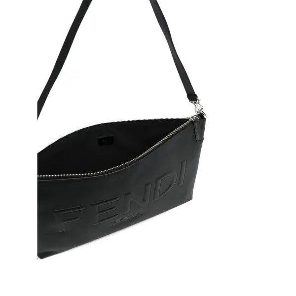 Fendi Calf Leather Embossed Logo Clutch Bag - Black
