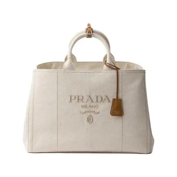 Prada Canvas Tote Bag With Logo Lettering And Adjustable Shoulder Strap - Cream