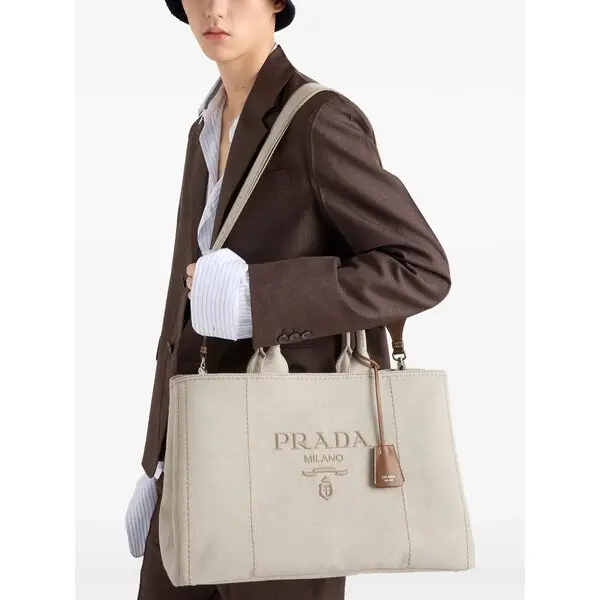 Prada Canvas Tote Bag With Logo Lettering And Adjustable Shoulder Strap - Cream