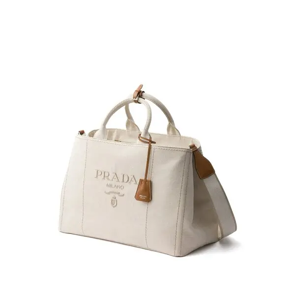 Prada Canvas Tote Bag With Logo Lettering And Adjustable Shoulder Strap - Cream