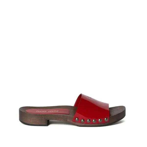 Miu Miu Patent Calf Leather Embossed Logo Block Heel Sandals - Red