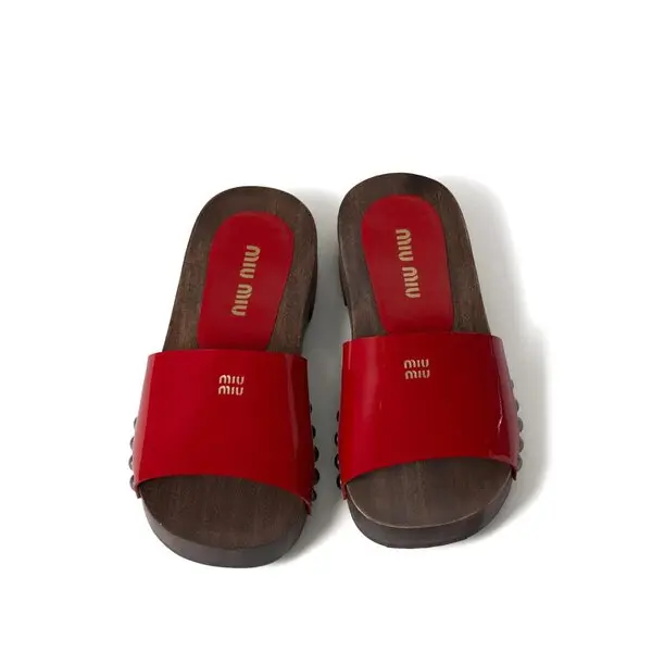 Miu Miu Patent Calf Leather Embossed Logo Block Heel Sandals