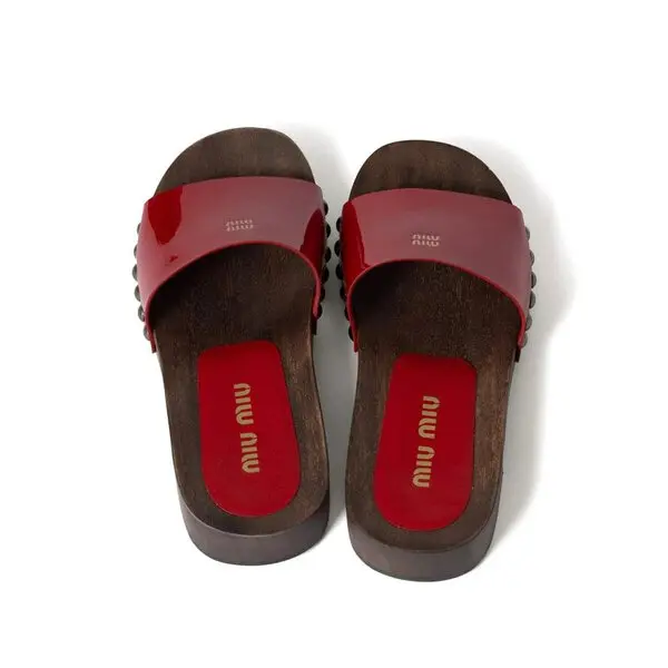 Miu Miu Patent Calf Leather Embossed Logo Block Heel Sandals
