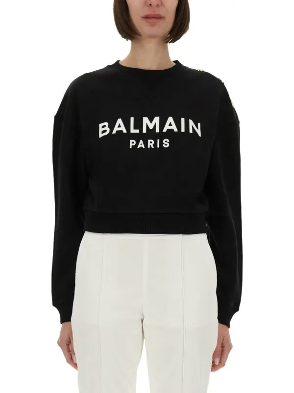 Balmain Logo Print Cropped Sweatshirt - Black