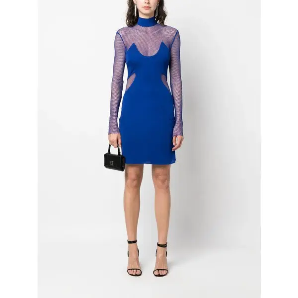 TOM FORD Cobalt Crepe Texture Mesh Panelling Sheer Panels Mock Neck Long Sleeves Above-knee Dress