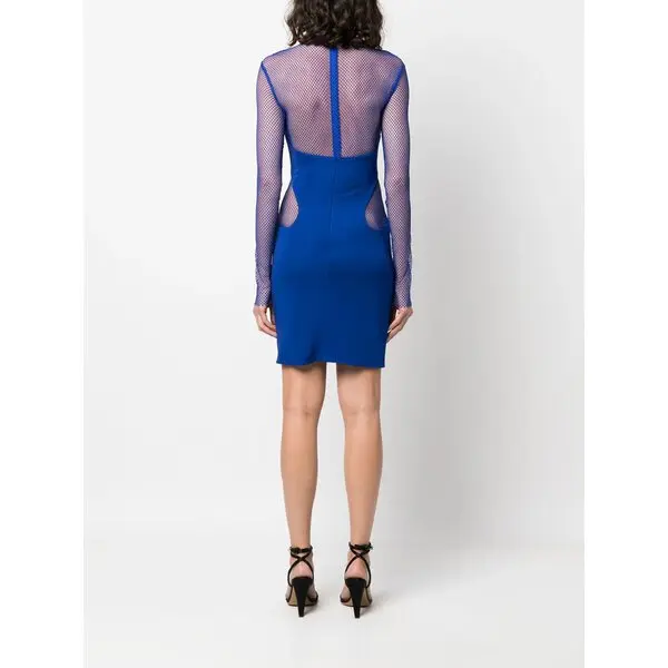 TOM FORD Cobalt Crepe Texture Mesh Panelling Sheer Panels Mock Neck Long Sleeves Above-knee Dress