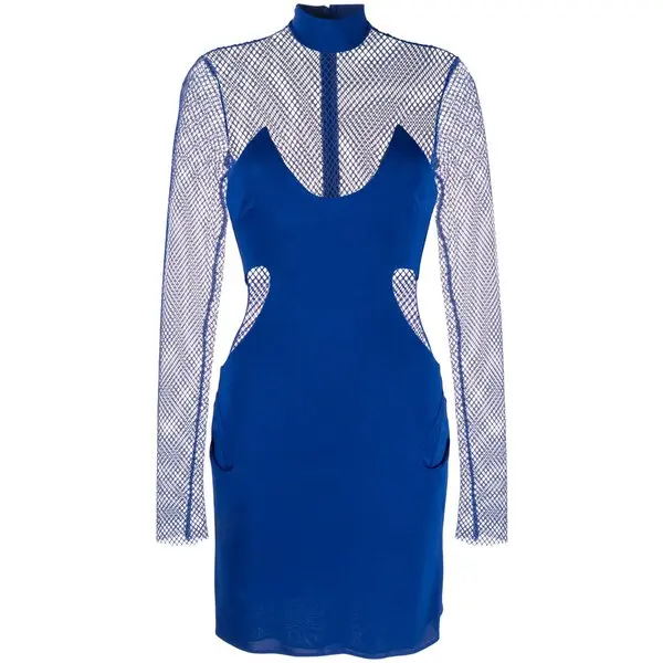 TOM FORD Cobalt Crepe Texture Mesh Panelling Sheer Panels Mock Neck Long Sleeves Above-knee Dress - Blue