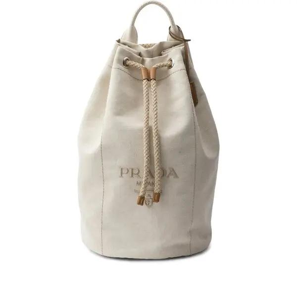 Prada Backpack With Drawstring And Leather Accents - Cream