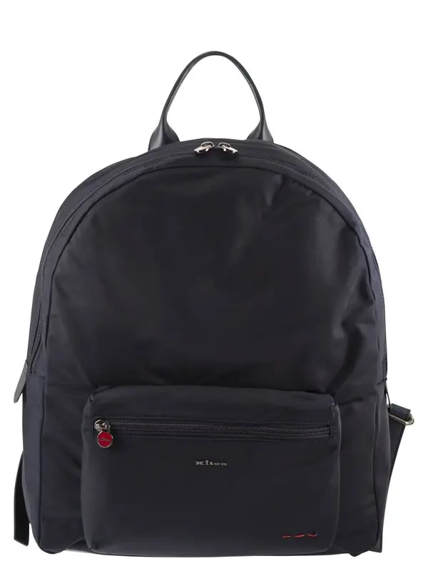 Kiton Technical Fabric Backpack With Logo And Leather Accents - Blue