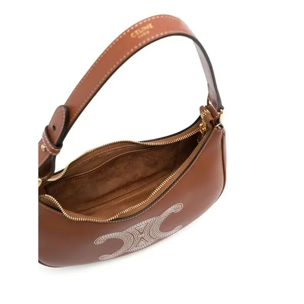 Celine Calf Leather Embroidered Logo Shoulder Bag - Brown