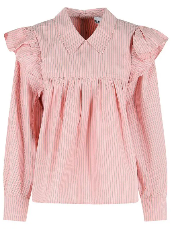 GANNI Cotton Striped Blouse With Pleats And Button Cuffs - Pink