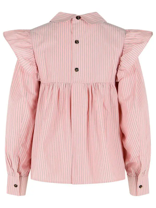 GANNI Cotton Striped Blouse With Pleats And Button Cuffs - Pink