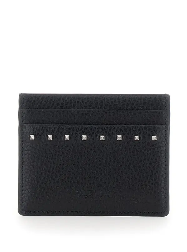 Valentino Garavani Black Card Holder With Rockstud Embellishments In Leather - Multicolor
