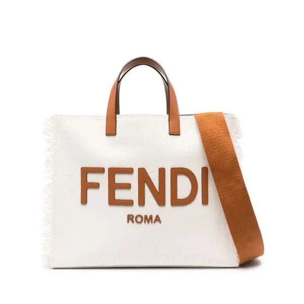 Fendi White Canvas Tote Bag With Leather Trim - Cream