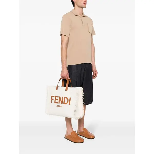 Fendi White Canvas Tote Bag With Leather Trim - Cream