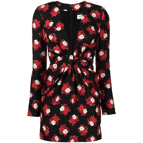 Saint Laurent Silk Floral Print Plunging V-neck Twist Detail Dress - Black