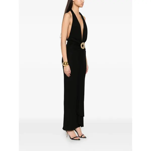 Cult Gaia Halterneck Plunging V-neck Dress With Gold-tone Hardware - Black
