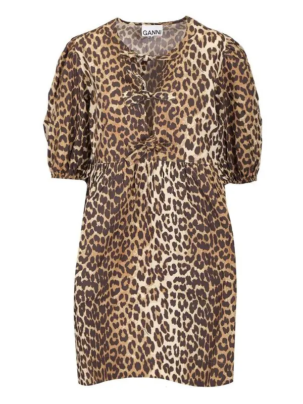 GANNI Leopard Print Puff Sleeve Mini Dress - Multicolor