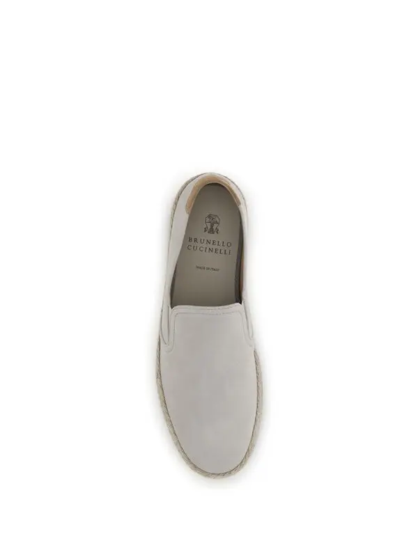 Brunello Cucinelli Suede Slip-on Sneakers With Raffia Sole - Gray