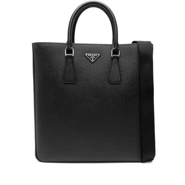 Prada Saffiano Leather Tote Bag With Enamel Triangle Logo - Black