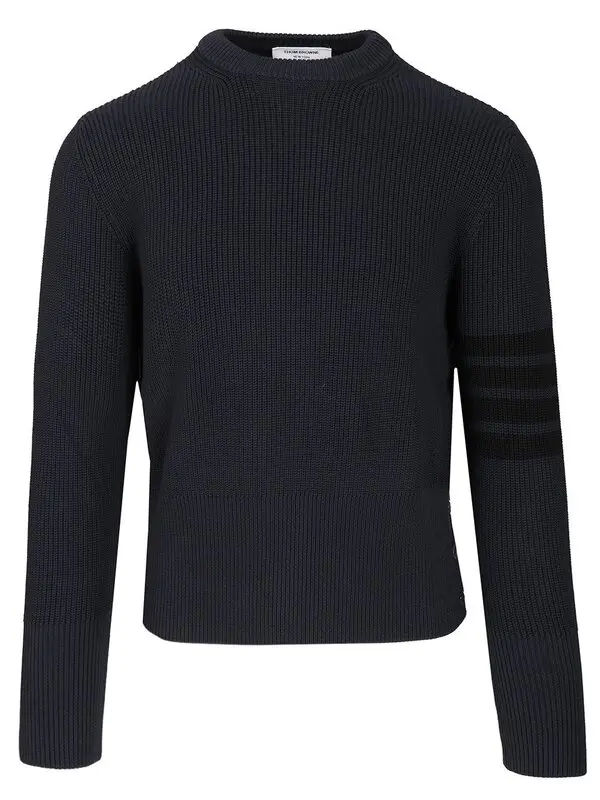Thom Browne Cotton Sweater With Sleeve Stripes And Side Buttons - Blue