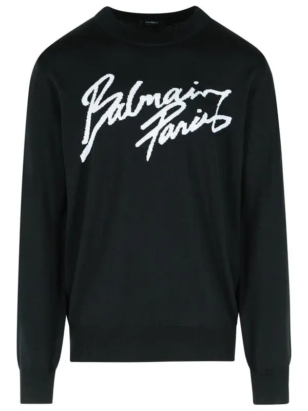 Balmain Merino Wool Sweater With Contrast Logo - Black