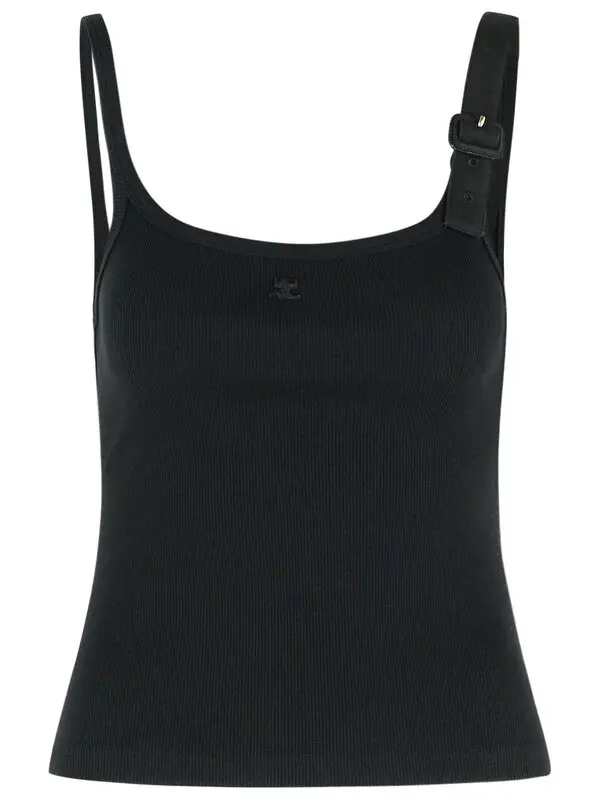 COURREGES Ribbed Cotton Tank Top With Buckle Detail - Black