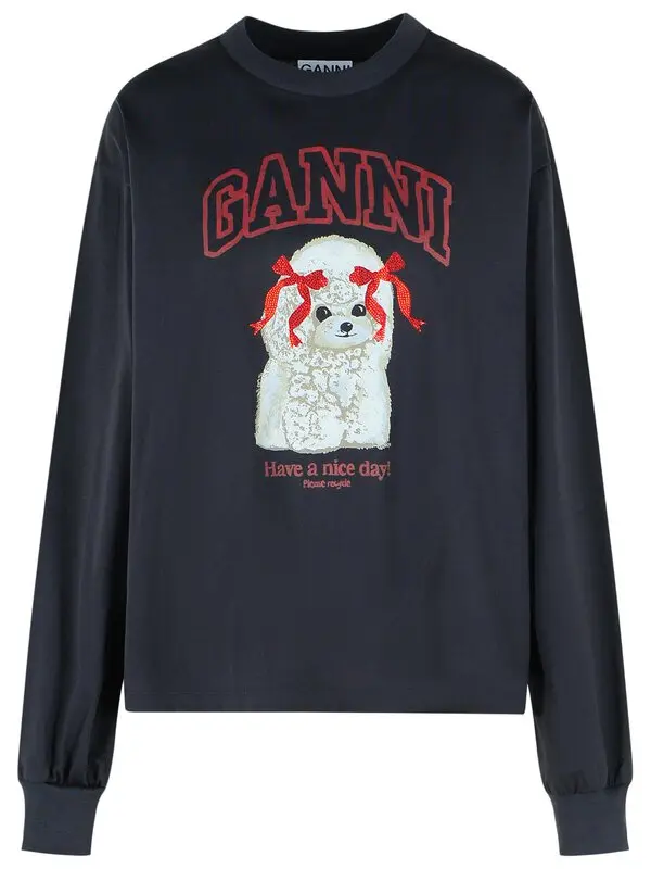 GANNI Cotton Sweater With Puppy Graphic - Gray
