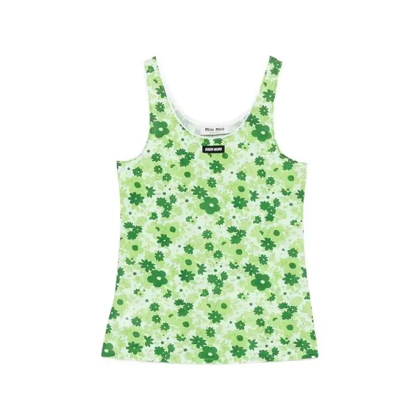 Miu Miu Sleeveless Floral Print Scoop Neck Top - Green