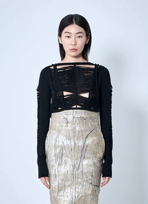 Rick Owens Tanja Distressed Wool Crewneck Long Sleeve Top - Black
