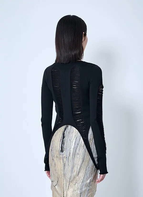 Rick Owens Tanja Distressed Wool Crewneck Long Sleeve Top - Black