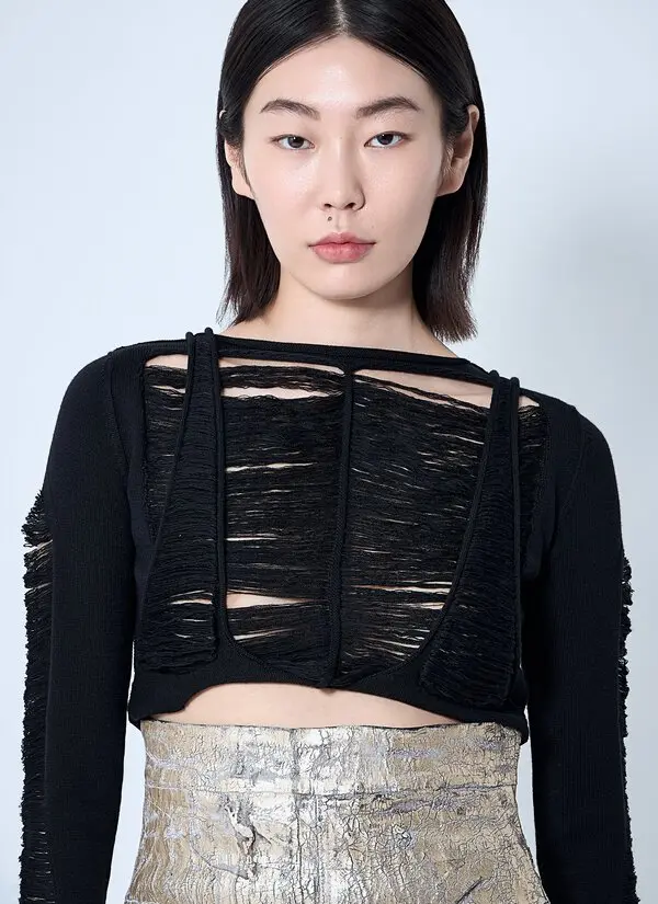 Rick Owens Tanja Distressed Wool Crewneck Long Sleeve Top - Black
