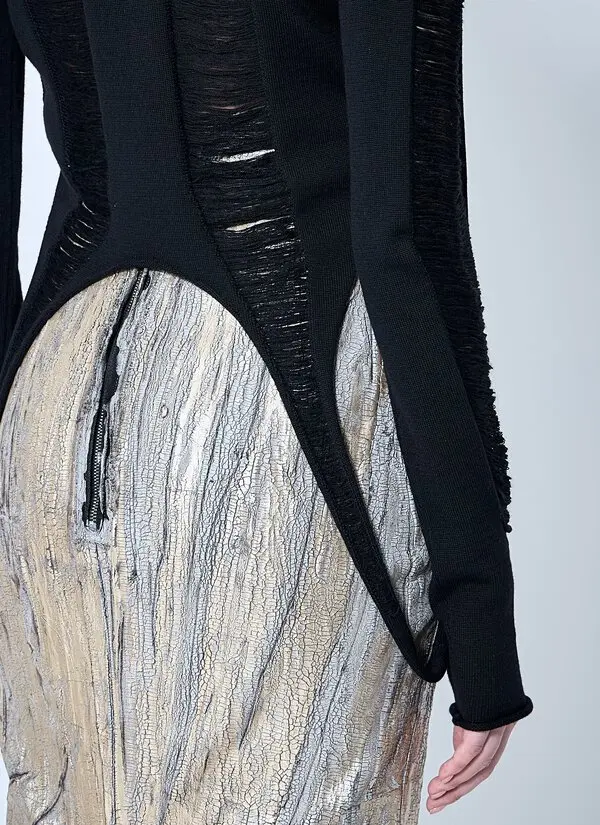 Rick Owens Tanja Distressed Wool Crewneck Long Sleeve Top - Black