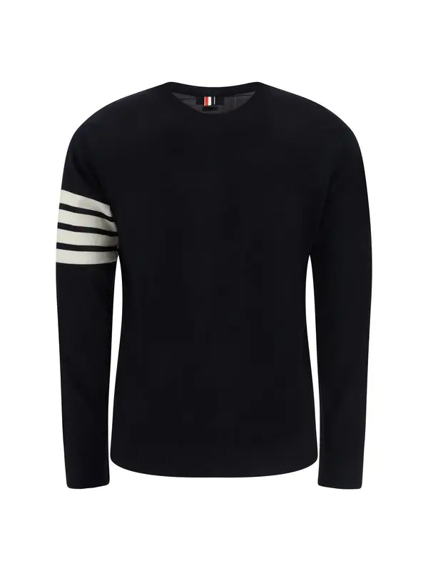 Thom Browne Virgin Wool Crew Neck Sweater With Contrast Stripes - Blue