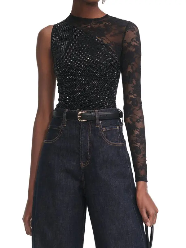SELF-PORTRAIT One-shoulder Floral Lace Top - Black