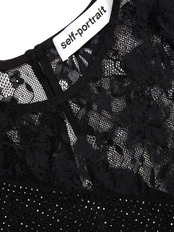 SELF-PORTRAIT One-shoulder Floral Lace Top - Black