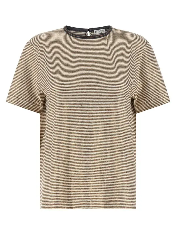 Brunello Cucinelli Striped Stretch Linen T-shirt With Monile Collar Detail - Multicolor