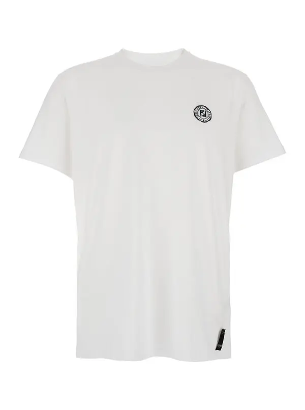 Fendi Crewneck T-shirt With Logo Print On The Front And Logo Patch On The Rear In Cotton - White
