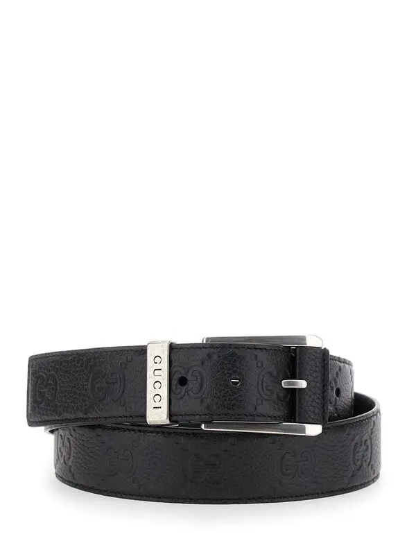 Gucci Black Grained Leather Belt With Embossed Gg Logo And Square Buckle - Multicolor