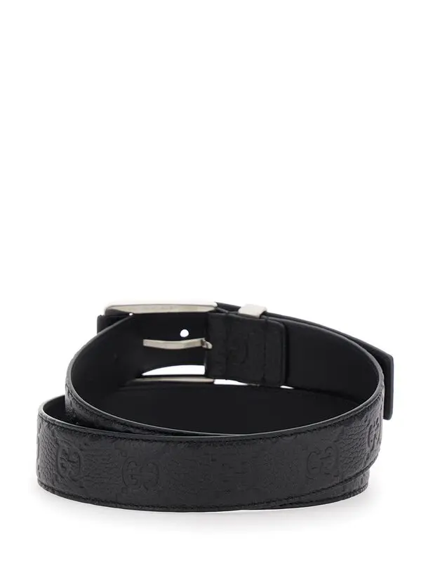 Gucci Black Grained Leather Belt With Embossed Gg Logo And Square Buckle - Multicolor