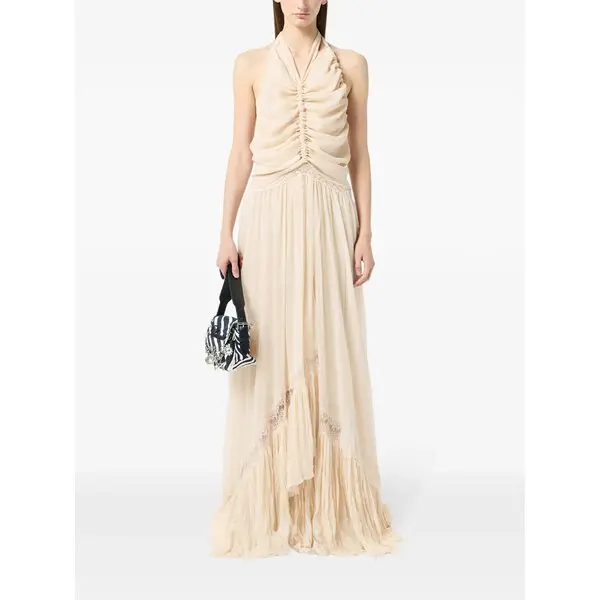 Blumarine Halterneck Lace Trim Tiered Hem Evening Dress - Cream