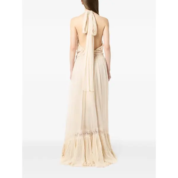 Blumarine Halterneck Lace Trim Tiered Hem Evening Dress - Cream