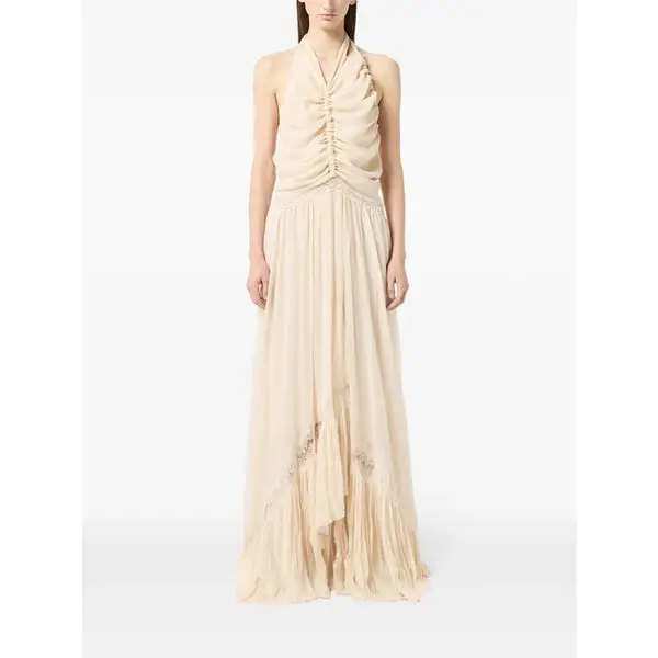 Blumarine Halterneck Lace Trim Tiered Hem Evening Dress - Cream