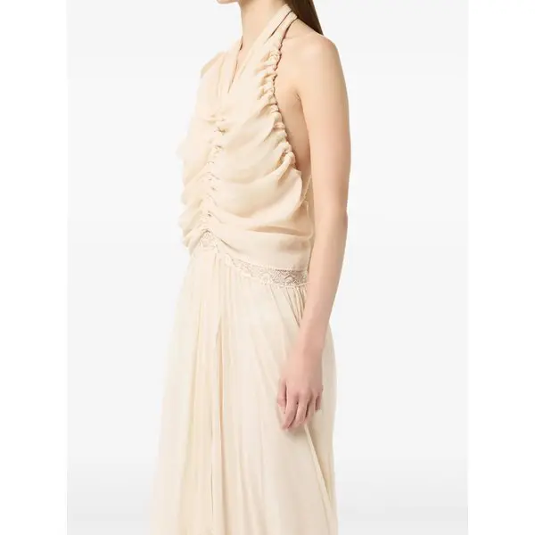 Blumarine Halterneck Lace Trim Tiered Hem Evening Dress - Cream
