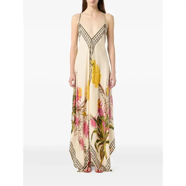 Blumarine Viscose Floral Print V-neck Maxi Dress - Cream