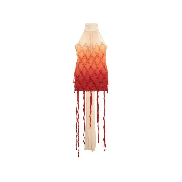 Blumarine Halterneck Dress With Rhombus Pattern Embellishments And Fringe Detailing - Cream