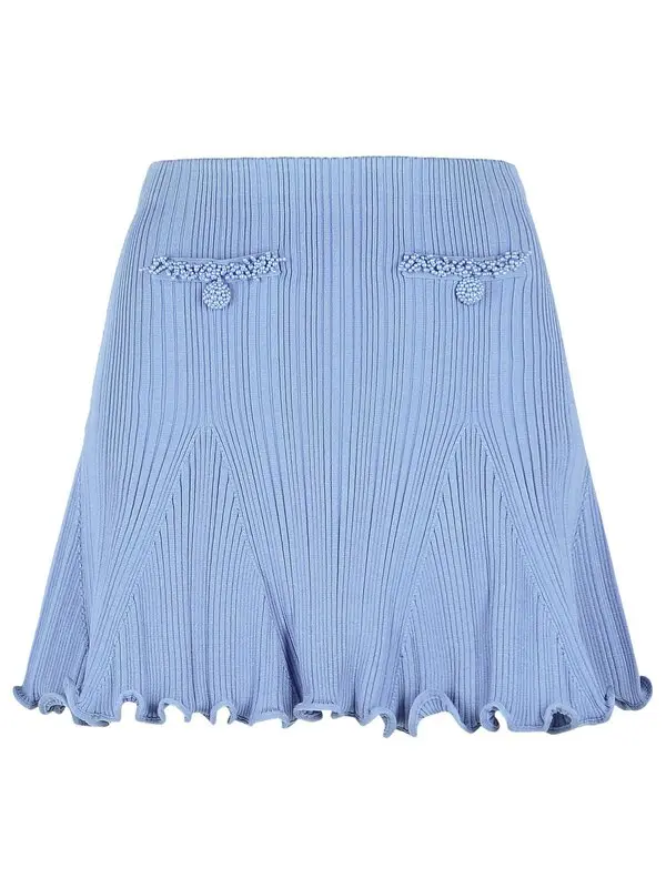 SELF-PORTRAIT Ribbed Knit Skirt With Beaded Embellishments - Blue